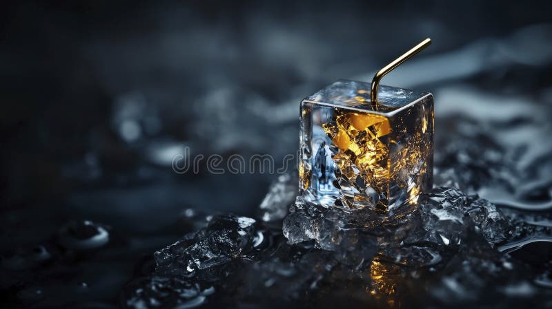 Golden Ice Cube with Straw Tabletop Setting Still Life Dramatic ...