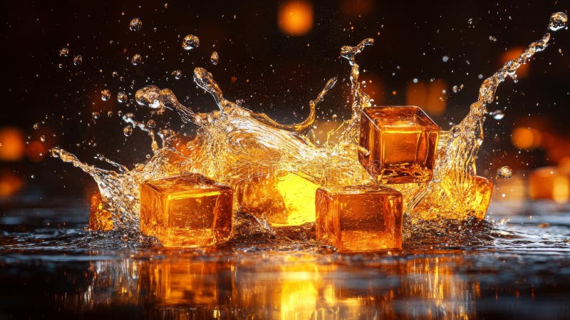 Golden Ice Cubes Splashing in Dark Background Stock Illustration ...