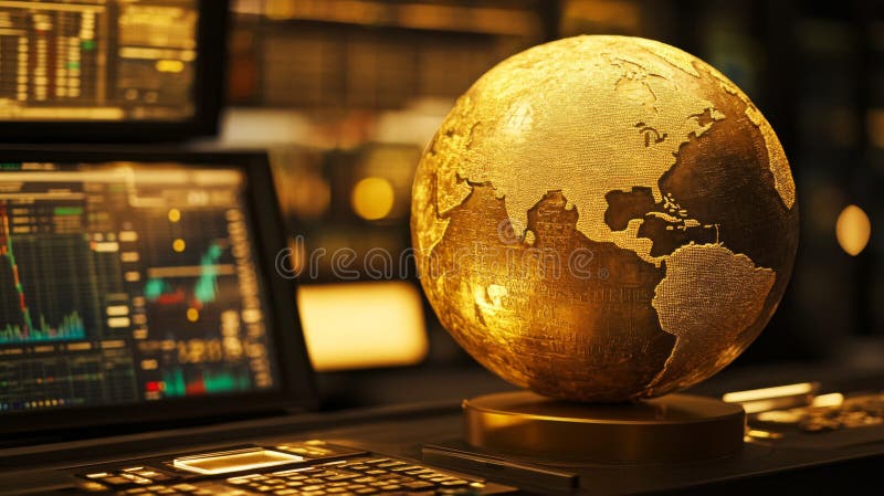 Golden Illuminated Globe on Desk with Financial Data Screens Stock ...