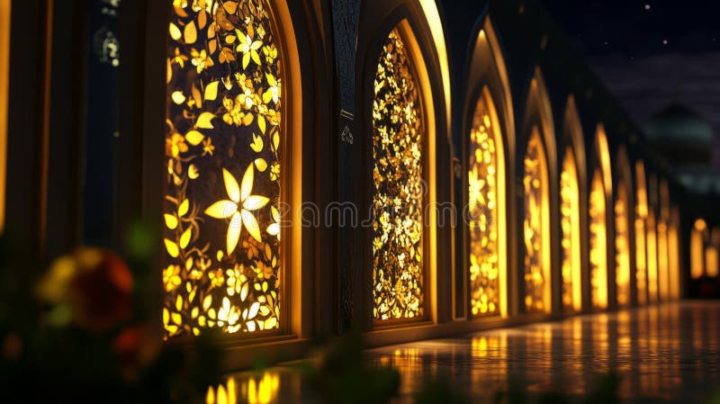 Golden Illuminated Islamic Architecture at Night Stock Illustration ...
