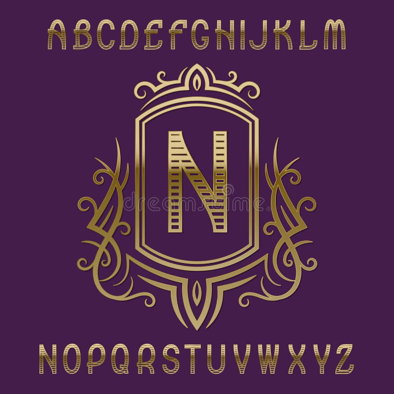 Golden Initial Monogram Template in Wreath with Shield. Patterned ...