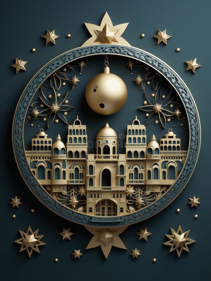 Golden Intricate Cityscape with Stars and Celestial Elements. Stock ...