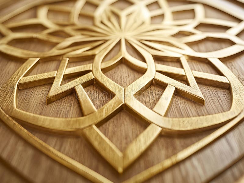 Golden Islamic Geometric Pattern Intricately Carved into Wooden Panel ...