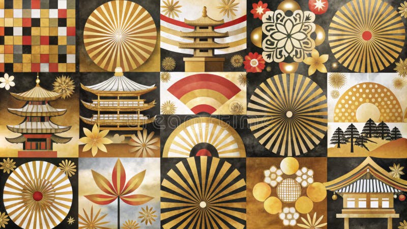 Golden Japan Geometric Collage of Temples and Fans Stock Illustration ...
