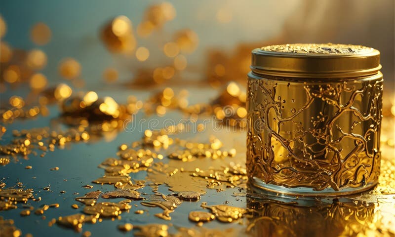 Golden Jar with Lid Sits on Blue Surface, Surrounded by Scattered ...