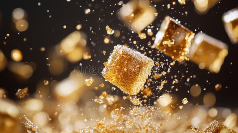 Golden Jelly Cubes Falling on Dark Background Stock Illustration ...