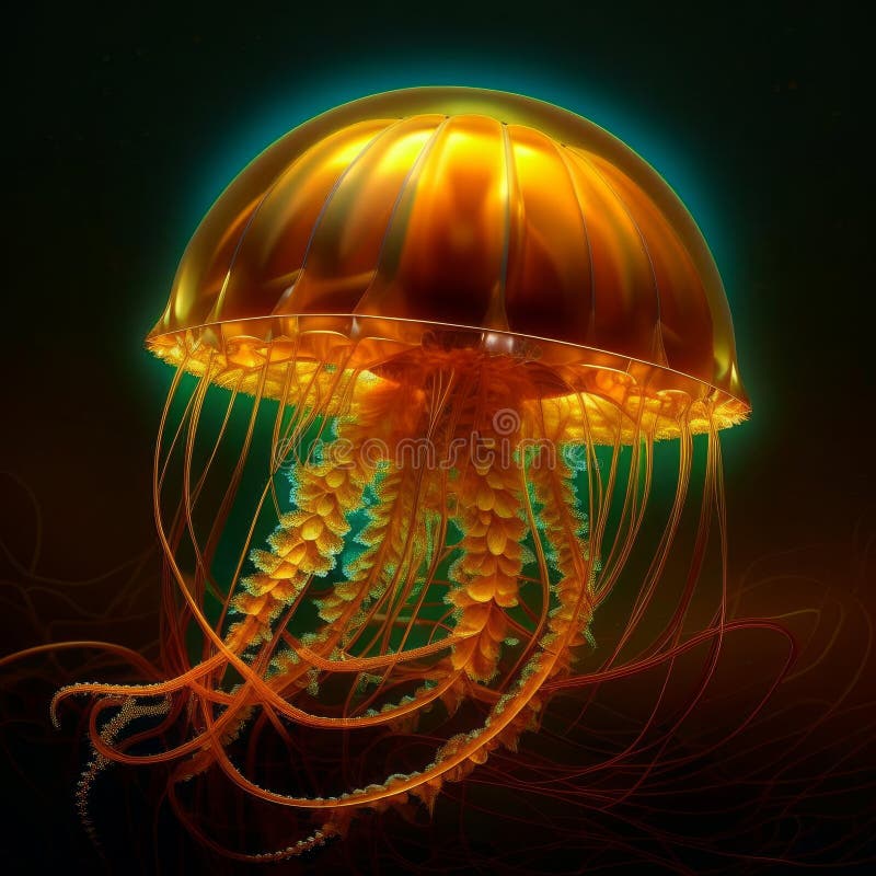 Golden Jellyfish in the Depths of the Sea. Stock Illustration ...