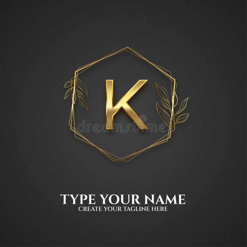 Golden K Letter Logo Template with Leaf Line Art Style Stock Vector ...