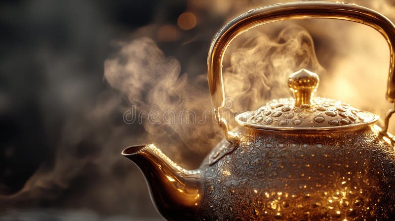 Golden Kettle Steaming on Dark Background Stock Illustration ...