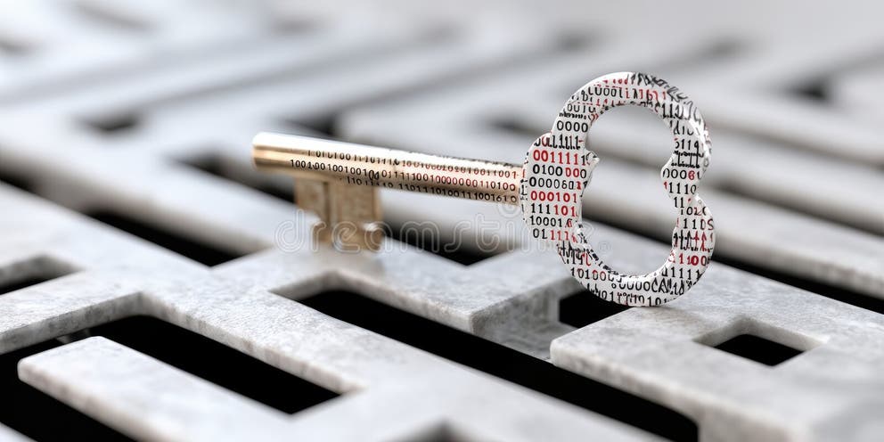 Generative AI Golden Key with Binary Code Resting on a Marble Grid ...