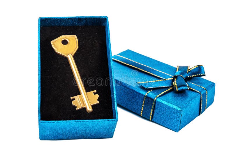 Golden Key into Blue Box on White Stock Photo - Image of birthday ...