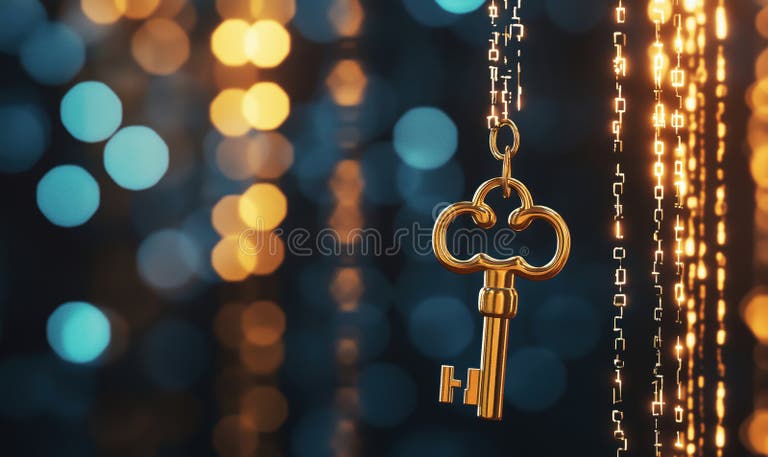 Golden Key with Bokeh Background, Digital Binary Code, Abstract Concept ...
