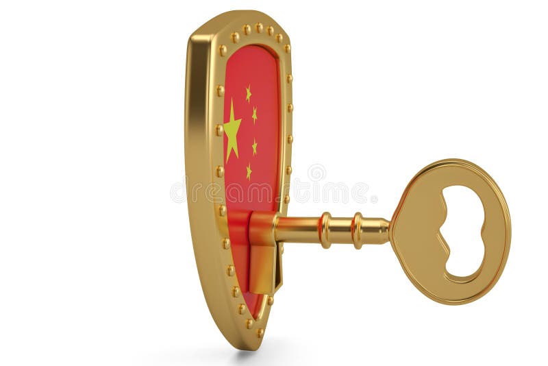 Golden Key on China Flag Shield.3D Illustration. Stock Illustration ...
