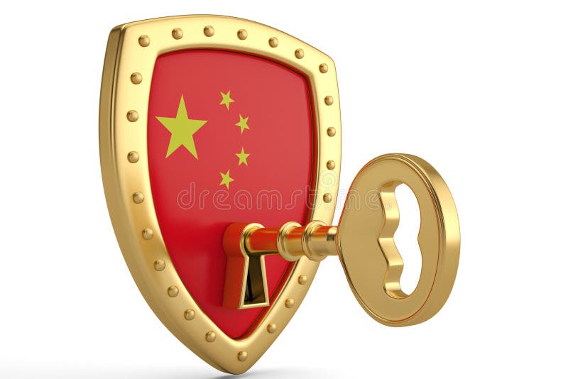 Golden Key on China Flag Shield.3D Illustration. Stock Illustration ...