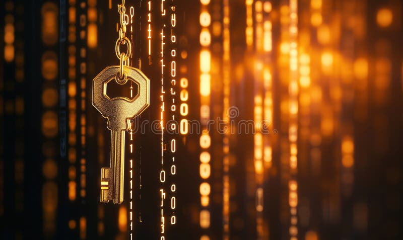 Golden Key Digital Security Concept, Binary Code Background, Symbolizing Encryption and Access ...