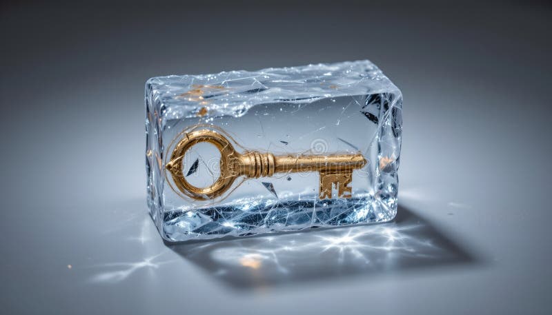 A Golden Key Embedded Inside a Block of Clear Ice on a White Surface ...