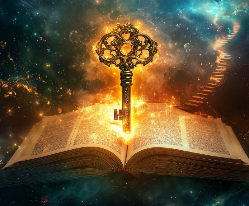 Golden Key Emerges from Open Book, Symbolizing Knowledge and Discovery ...