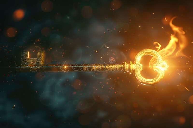 A Golden Key with Flames Emerging from Its Surface Stock Image - Image ...