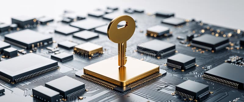 Golden Key Floating Above Circuit Board Illustrating Digital Security ...