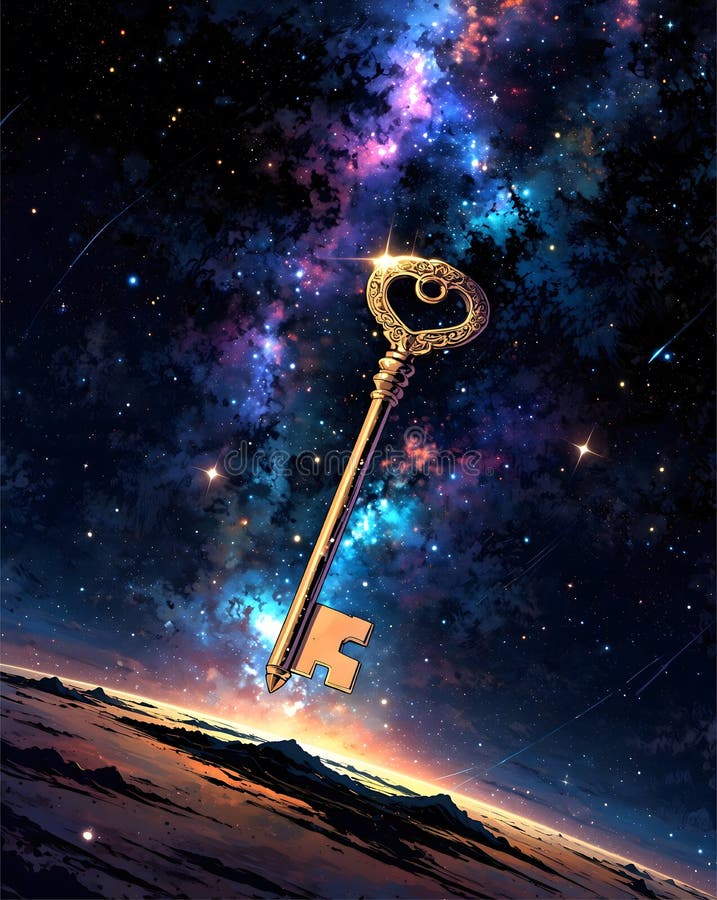 A Golden Key Floating in Space, Surrounded by Stars and a Galaxy Stock ...