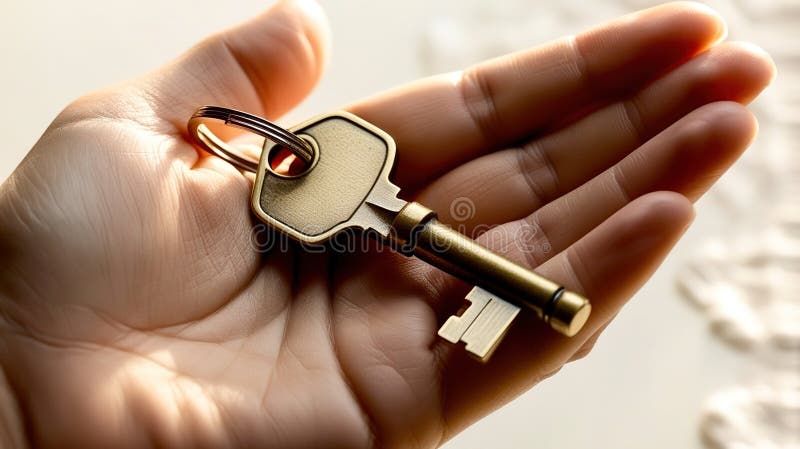 Golden key in hand stock illustration. Illustration of home - 330142594