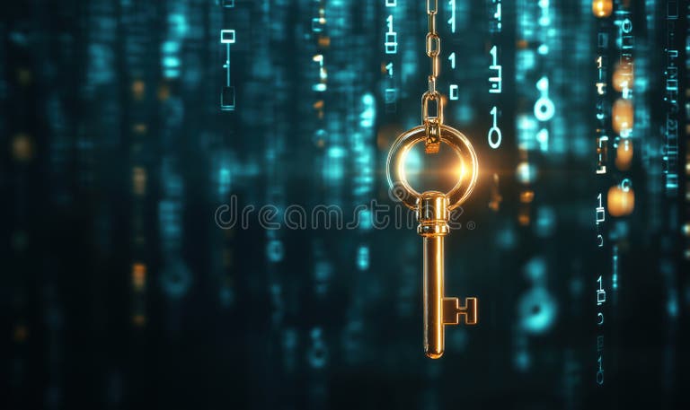 Golden Key Hanging in Digital Matrix, Symbolizing Security and Access ...