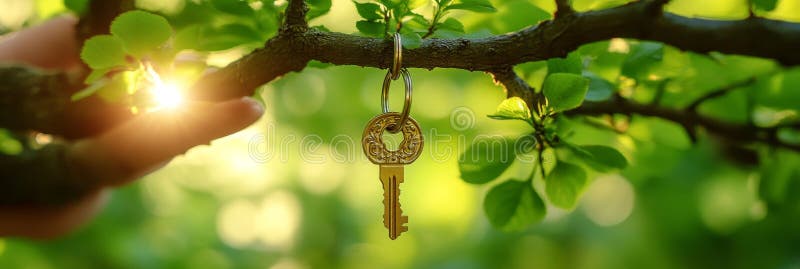 Golden Key Hanging from Tree Branch in Sunlight, Symbolizing New ...