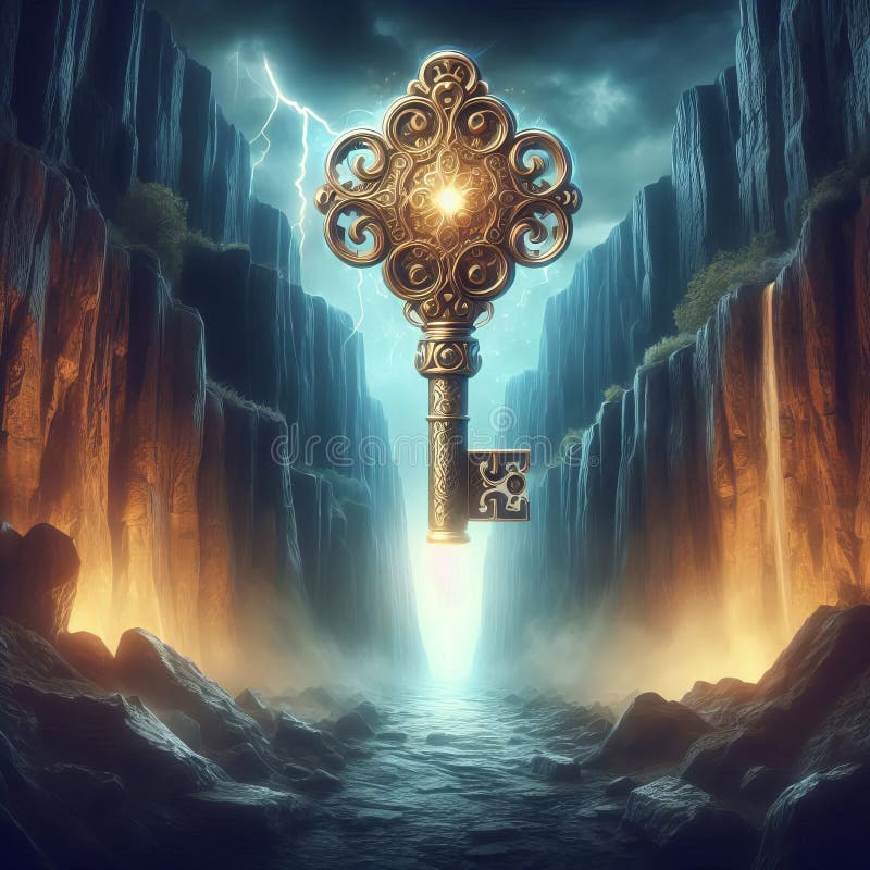 Golden Key Hovering in Dramatic Canyon Landscape with Lightning Stock ...