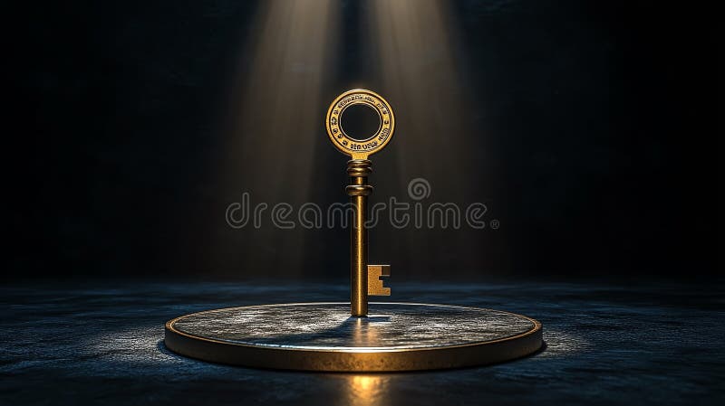 Golden Key Illuminated on a Pedestal in a Dark Environment with Soft ...