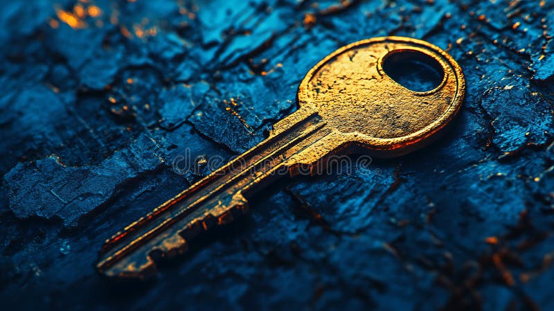 Golden Key Lying on Textured Blue Surface, Radiating Light Stock ...