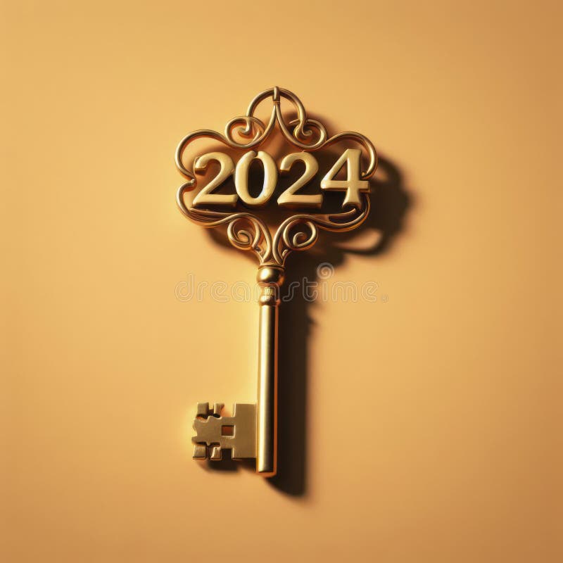 A Golden Key with Numbers 2024 on Solid Background. Ai Generative Stock ...