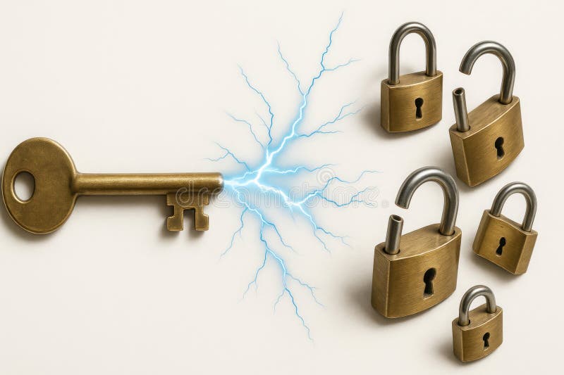 A Golden Key that Opens Locks with Electricity. Stock Photo - Image of ...