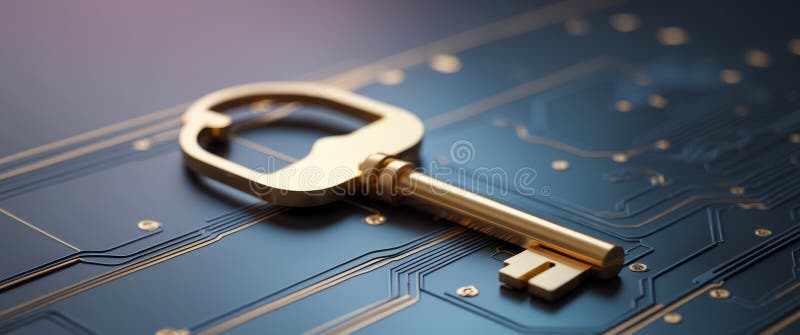Golden Key Placed on a Circuit Board Background Illustrating Technology ...