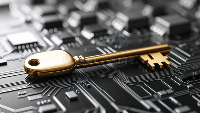 Golden Key Placed on a Circuit Board Background Illustrating Technology ...