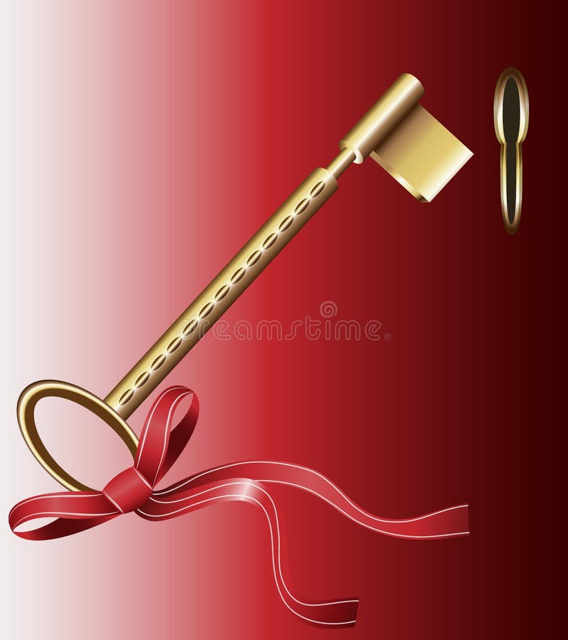 Golden key at red door stock illustration. Illustration of design ...