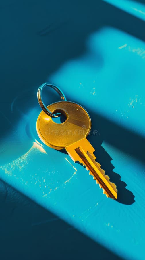 Golden Key with Shadow on Blue Textured Surface Stock Photo - Image of ...