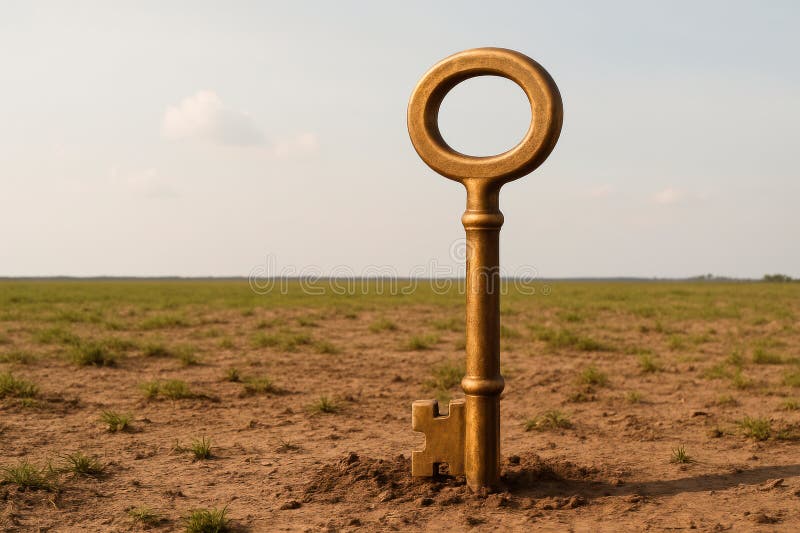 A Golden Key Standing in the Ground in a Field. Space for Text. Stock ...