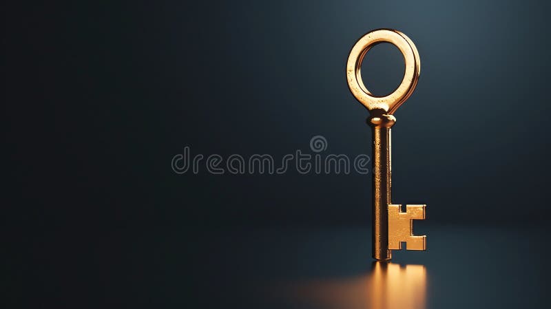 A Golden Key Standing Upright on a Reflective Surface, Spotlight on it ...