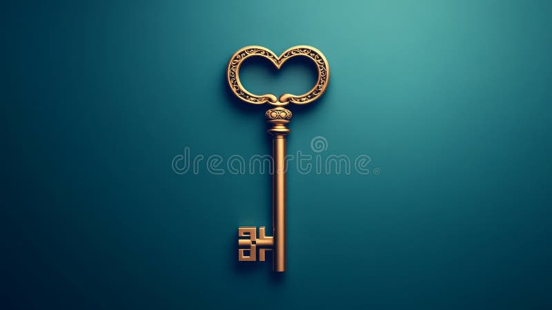 Golden Key on Teal Background 3D Rendering of an Ornate Key Stock ...