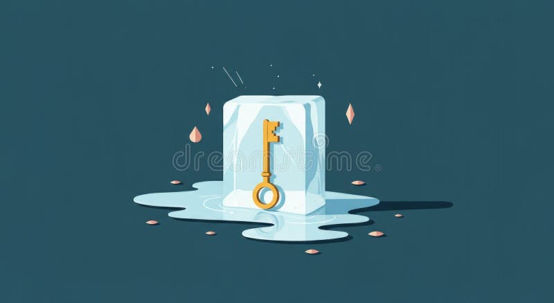 Golden Key Trapped in Melting Ice with Water Drops on Blue Background ...