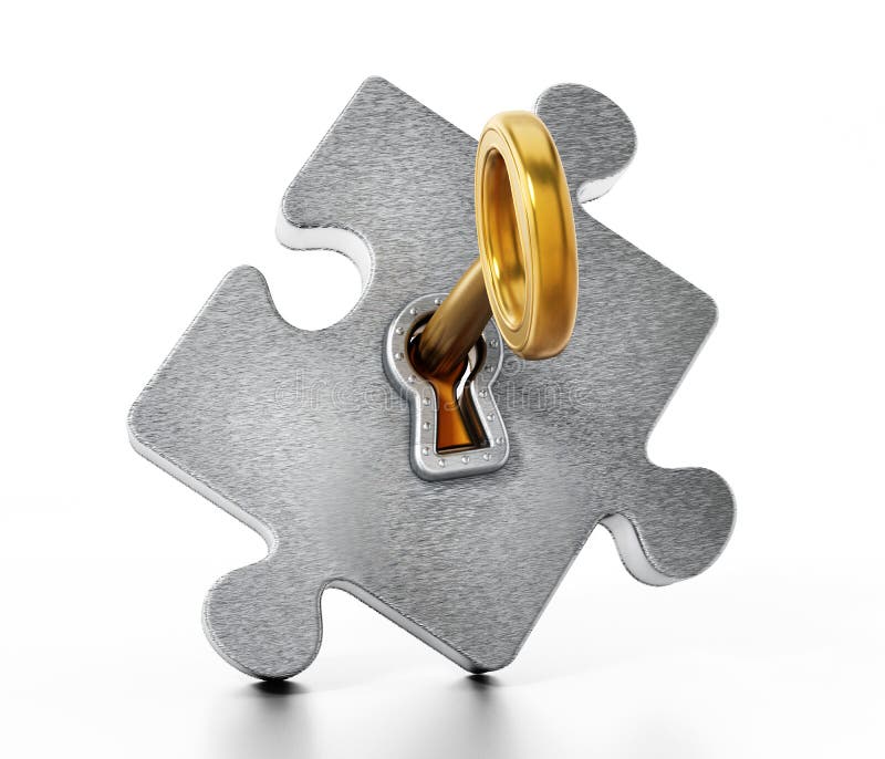 Golden Key Unlocking Metallic Puzzle Piece. 3D Illustration Stock ...