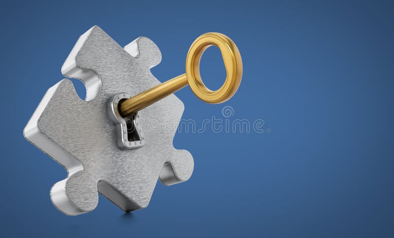 Golden Key Unlocking Metallic Puzzle Piece. 3D Illustration Stock ...