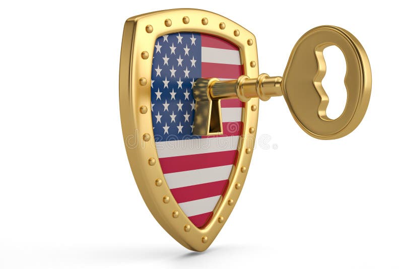 Golden Key on Usa Flag Shield.3D Illustration. Stock Illustration ...