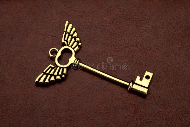 Golden Key with Wings on Brown Leather Stock Image - Image of gold ...