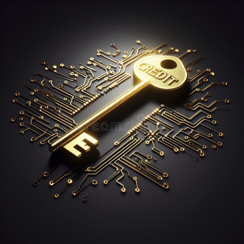 A Golden Key with Words CREDIT on Solid Black Background Spot Light. Ai ...