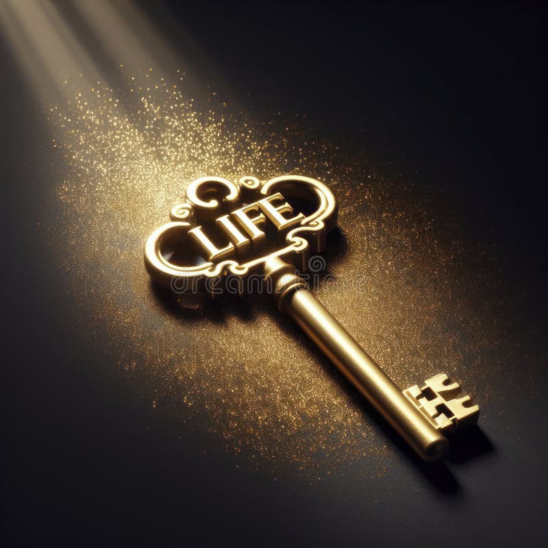 A Golden Key with Words LIFE on Solid Black Background Spot Light. Ai ...