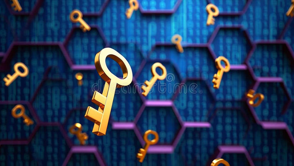 Golden Keys Floating among Digital Hexagons Representing Data Security ...