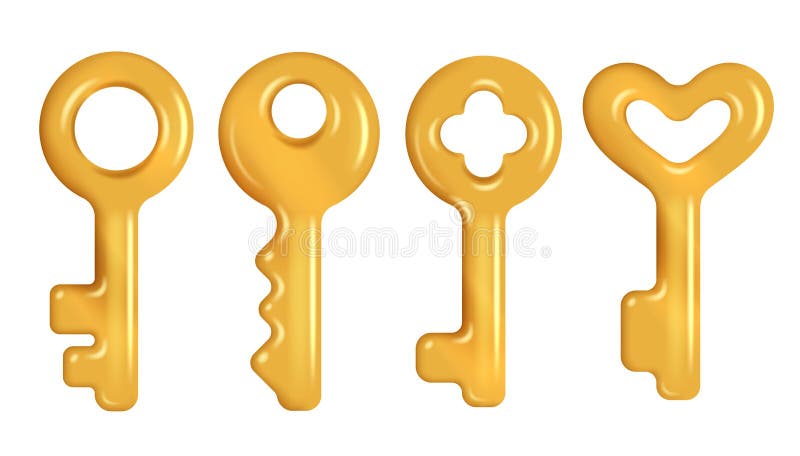 Golden Keys on White Background. 3d Realistic Vector Collection of ...