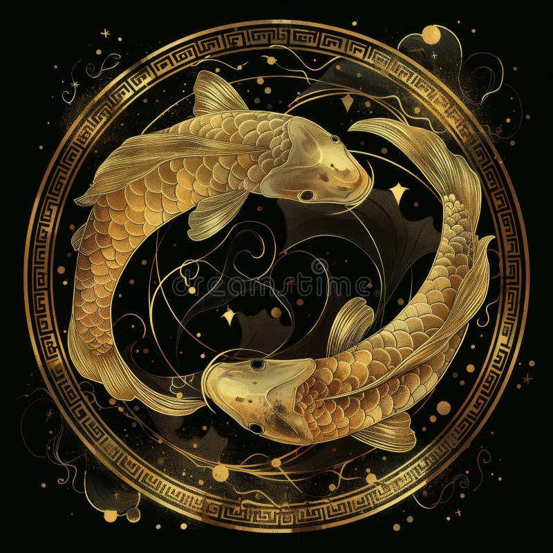Golden Koi Fish on Black Background with Zodiac Circle Stock Image ...