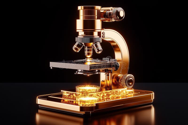 A Golden Laboratory Microscope Highlights a Vibrant Illuminated Slide ...